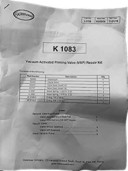 WATEROUS VALVE REPAIR KIT PRIMING VAP, K 1083 – firerps.com