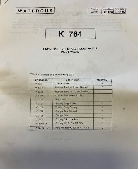 WATEROUS INTAKE RELIEF PILOT VALVE REPAIR KIT, K 764 – firerps.com