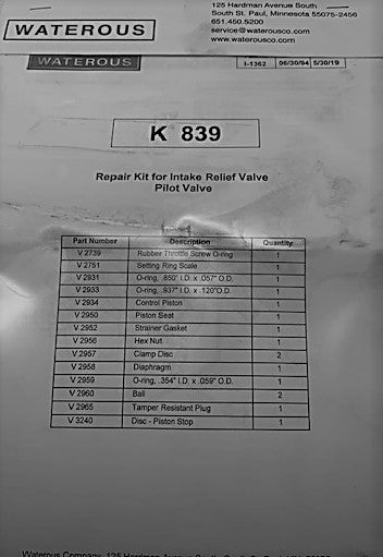 WATEROUS REPAIR KIT, INTAKE RELIEF VALVE, PILOT VALVE, K 839 – firerps.com